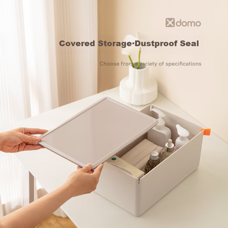 Deli Xdomo Series Storage Box with Lid, Office Desk Makeup Organizer with Silicone Clasp, Large Pink XDM14