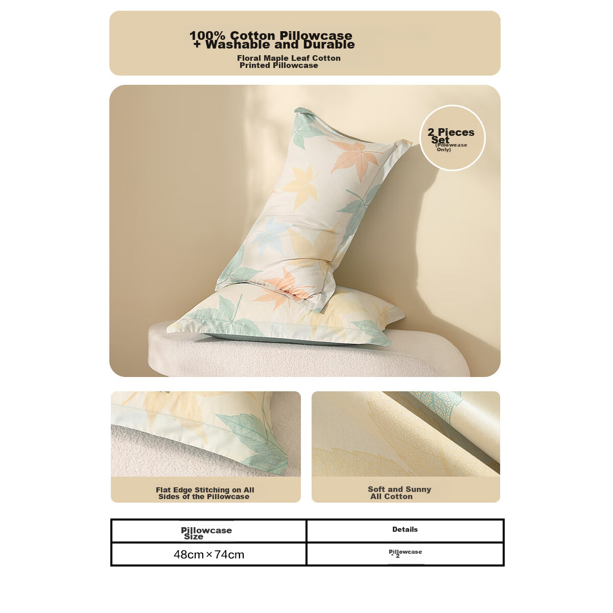 Shuixing Jiafang 100% Pure Cotton Pillowcases, Set of Two, Double-Sized Printed Pillow Covers, Floral Pattern, 48×74cm