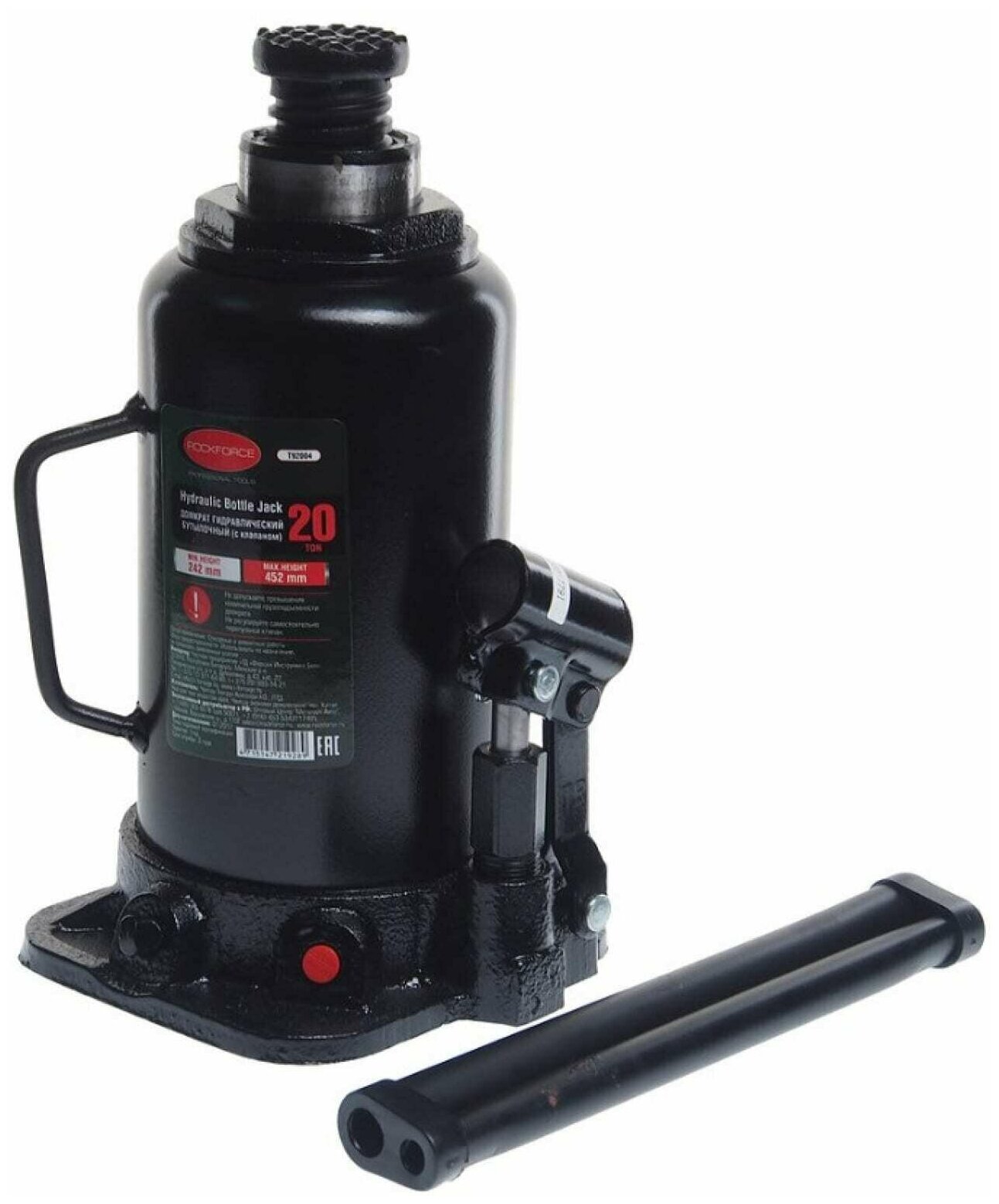 Домкрат ROCKFORCE RF-T92004EURO бутылочный 20т низкопрофильный (высота подхвата - 235мм, высота подъема - 445мм, ход штока - 210мм)