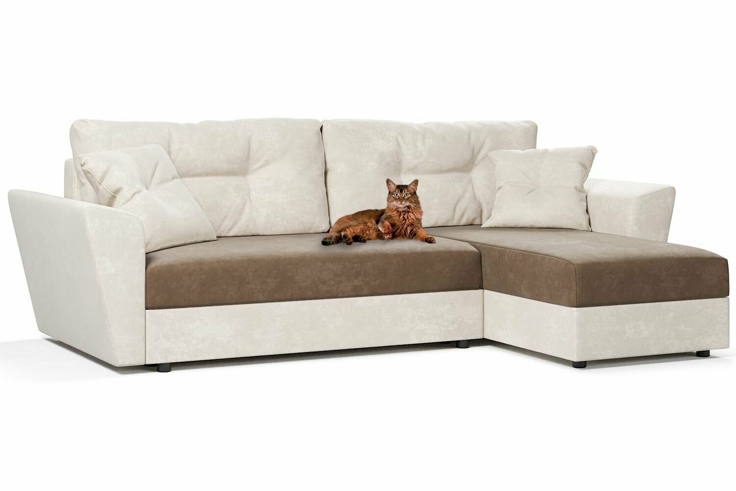Угловой диван Амстердам еврокнижка, коричневый и бежевый велюр Кабрио, подушки бежевые, правый угол