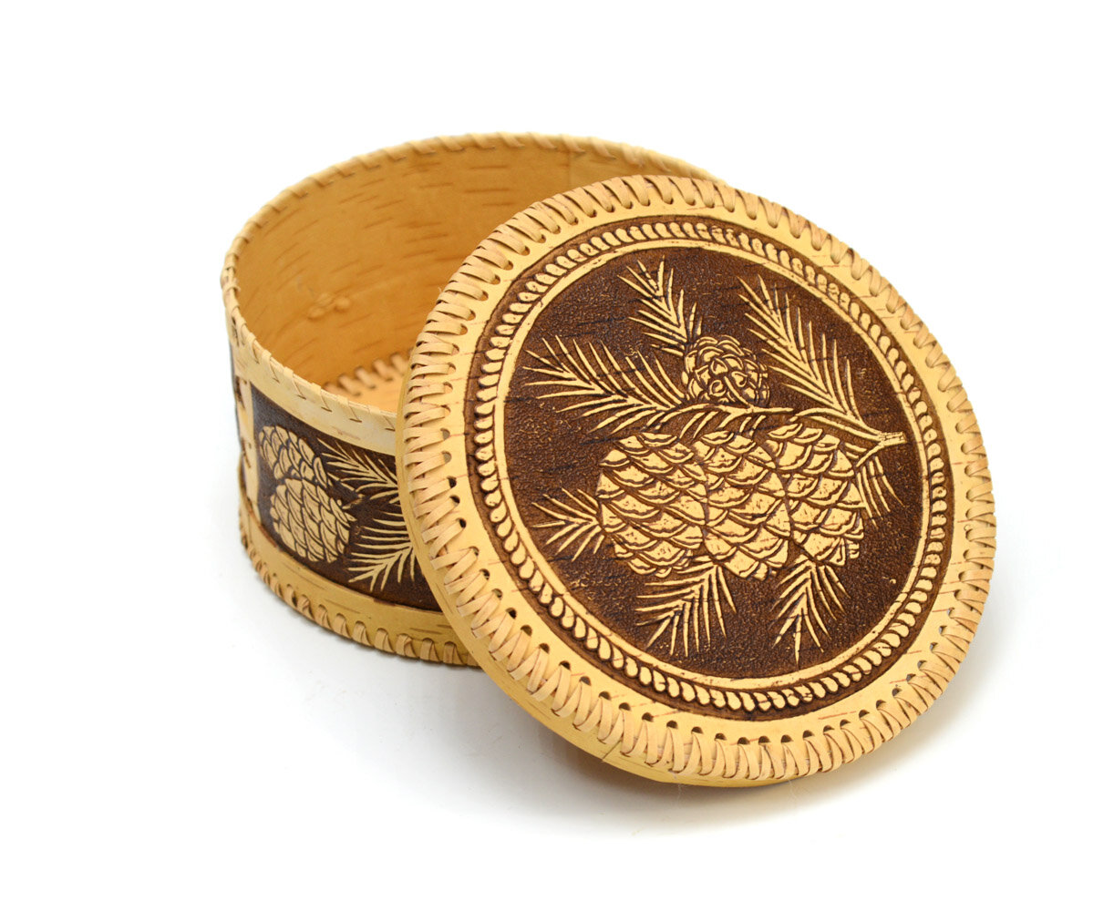Шкатулка из бересты большая круглая "Шишки"