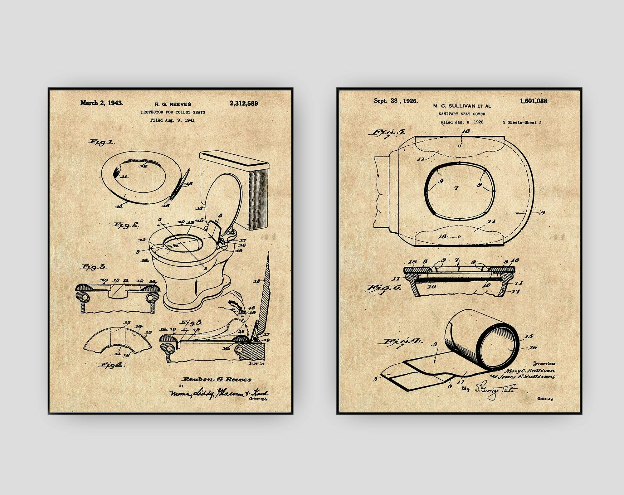 Набор постеров со старинными патентами для туалета размер А4, без рамы. 2 репродукции винтаж патентов 1926 г. для ванной комнаты и в подарок на новоселье (черный фон)