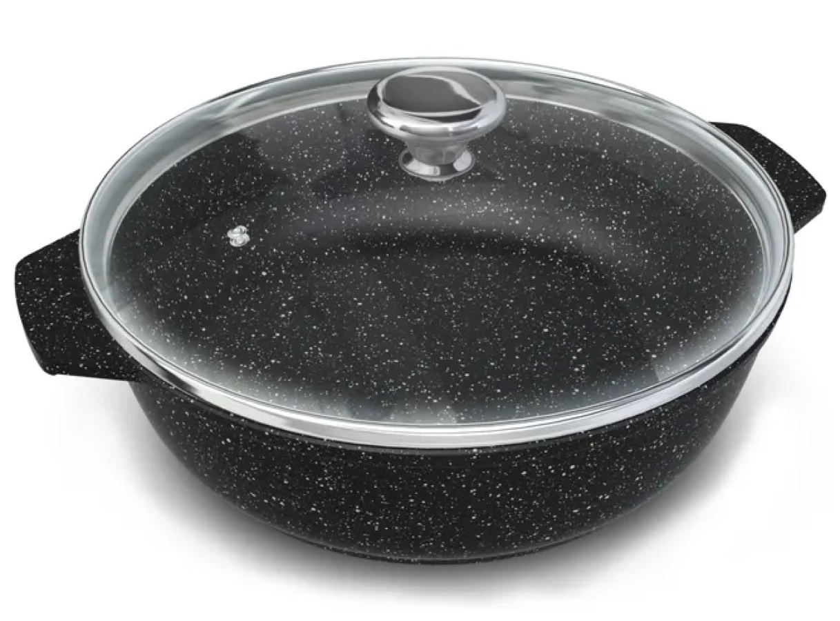 Жаровня алюминиевая Neva / Нева Granite со стеклянной крышкой и антипригарным покрытием, черная, диаметр 28см, объем 4л / посуда