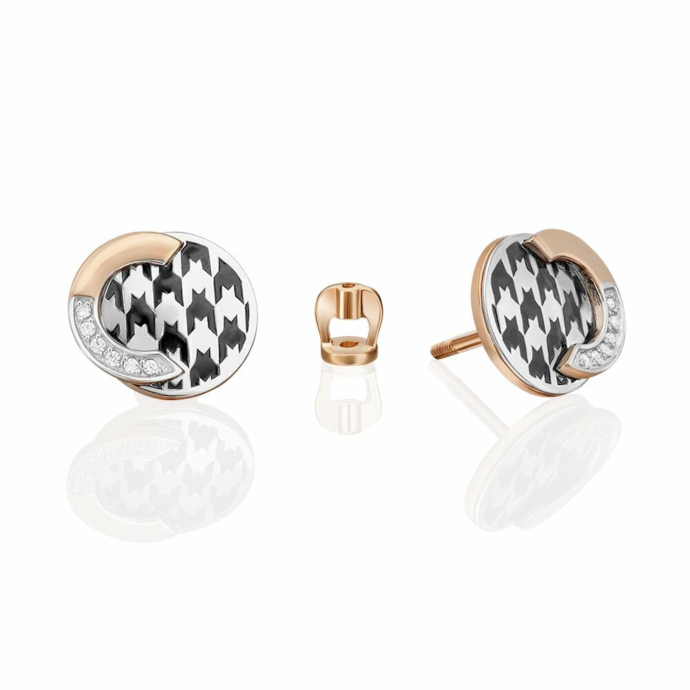 Серьги пусеты, комбинированное золото, 585 проба, родирование, эмаль, фианит