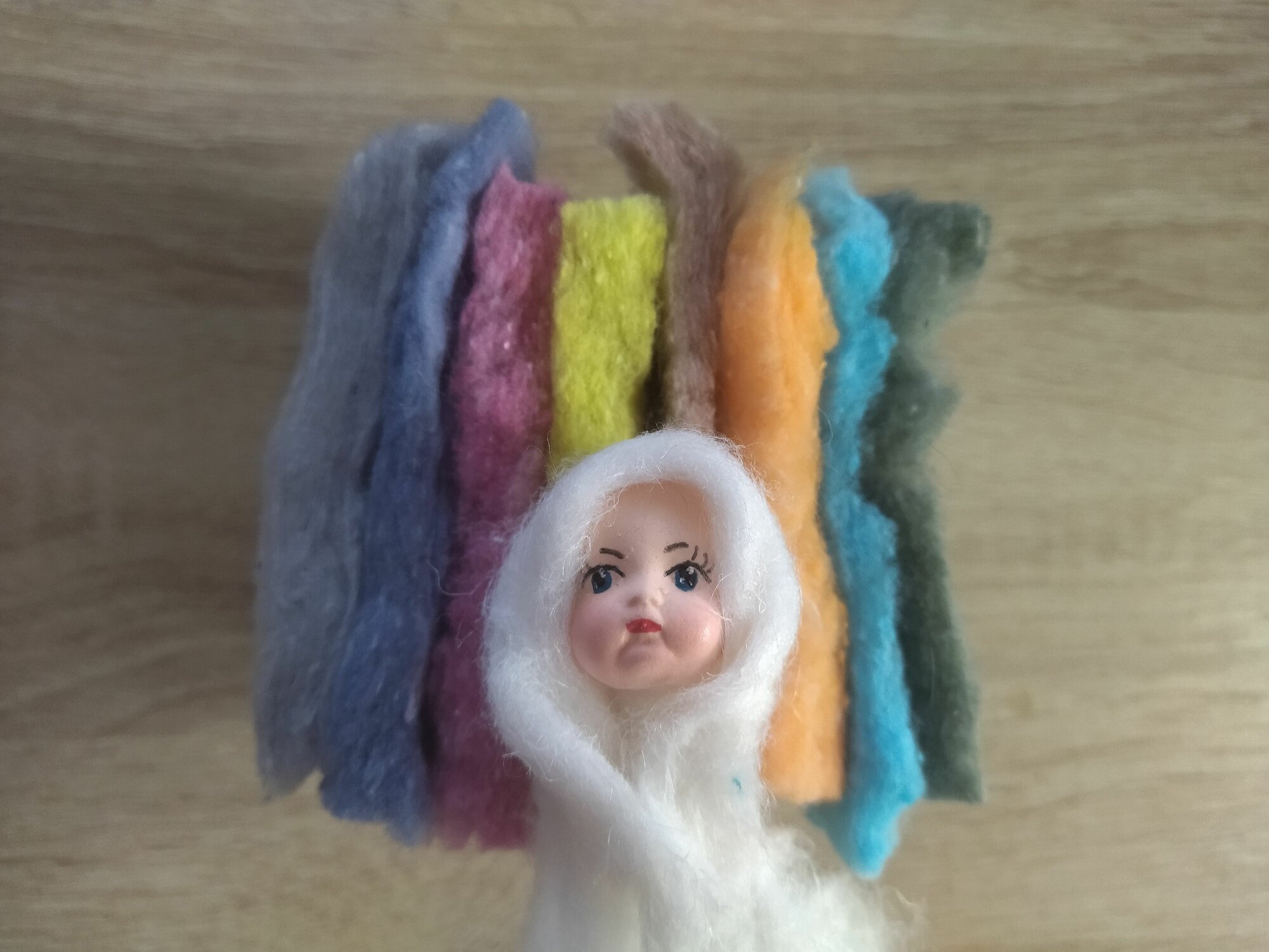 Набор: вата - 8 шт, цветная, окрашенная + личико - 1 шт, раскрашенное, для ватных игрушек, хлопок, 10 см * 9 см