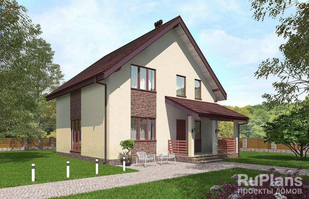 Одноэтажный дом с мансардой и террасой (129 м2, 11м x 10м) Rg5742