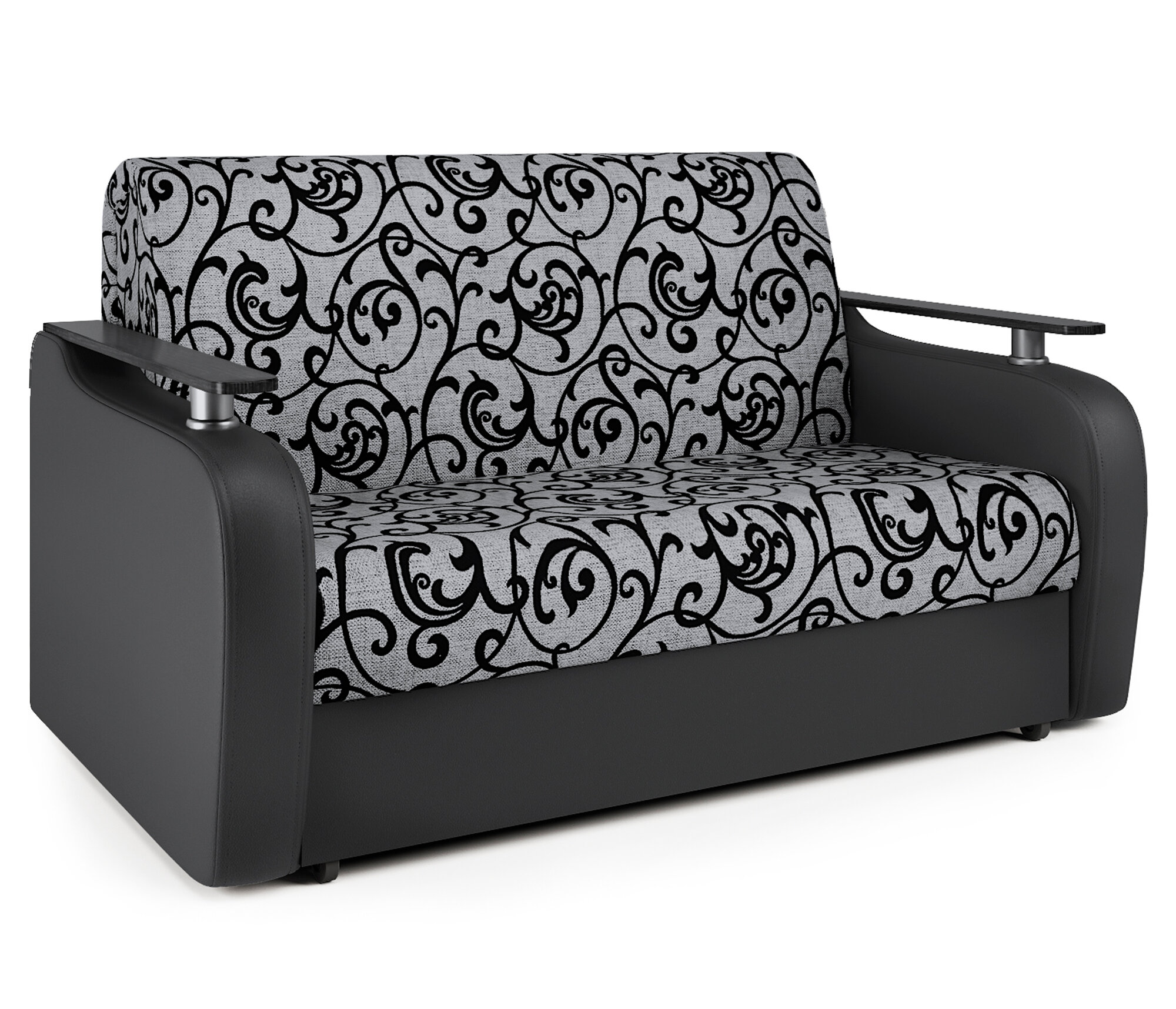 Диван аккордеон Гранд Д 140х194 см, кровать, прямой, раскладной, с ящиком для белья, экокожа черная и узоры