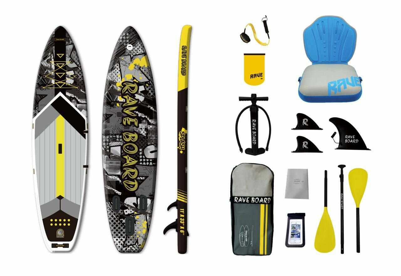 Надувной сапборд RAVE BOARD SPLASH 335х83х15, в комплекте двухслойный сап борд, сиденье, насос, весло, лиш