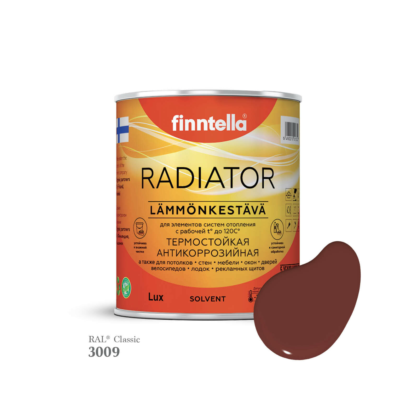 Краска для радиаторов быстросохнущая финская эмаль FINNTELLA RADIATOR, цвет RAL3009 , 0,9л