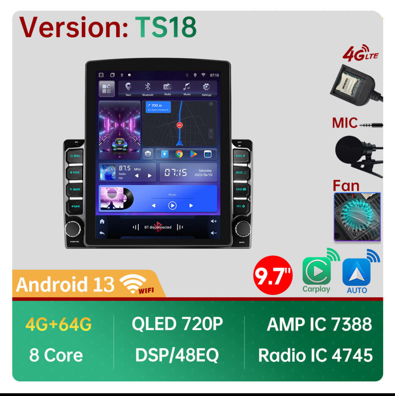 Магнитола TS18 в стиле Тесла 4/64GB QLED DSP 4G CarPlay