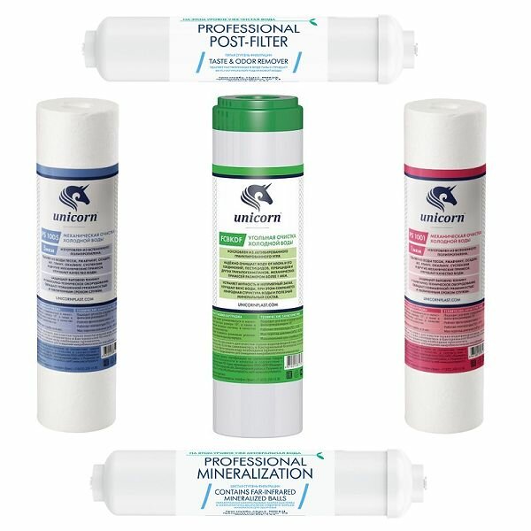Unicorn Набор картриджей K-KDF с постфильтром и минерализатором для осмоса 10 Slim Line (удаление бактерий)