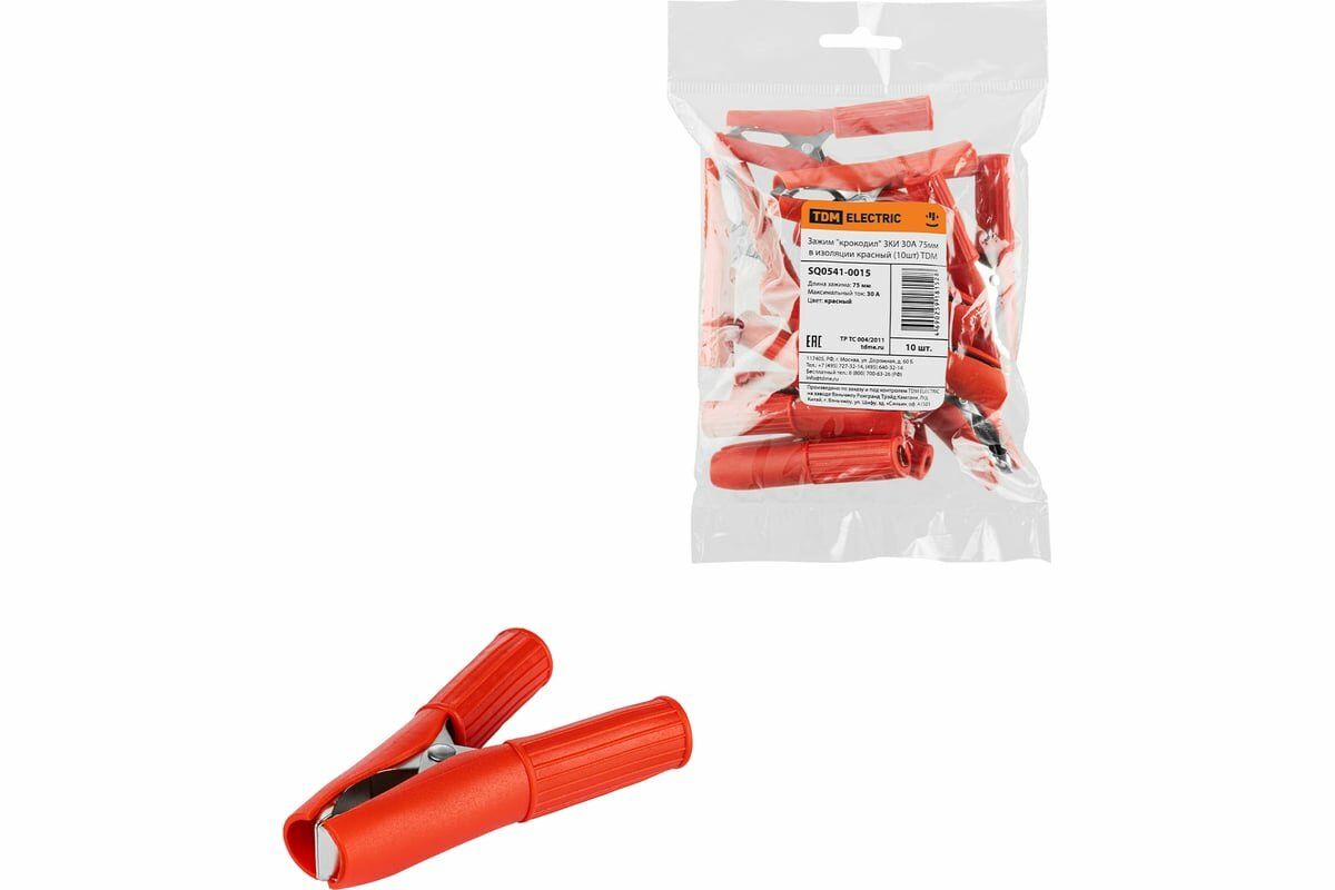 TDM ELECTRIC ЗКИ Зажим крокодил 30A, 75 мм, красная изоляция, набор 10 шт SQ0541-0015