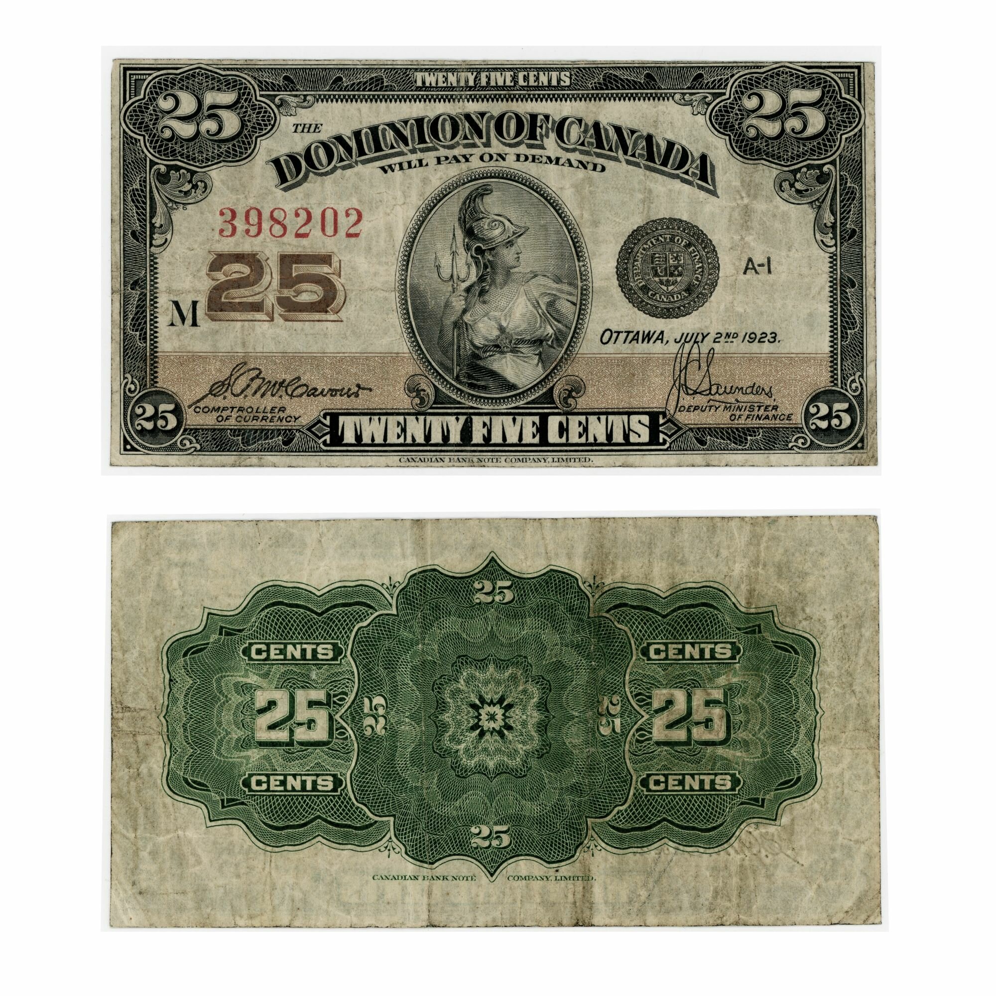 Банкнота Канада 25 центов TWENTY FINE CENTS 1923 год (F-VG) Pick 11