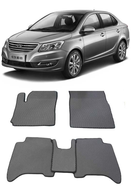 Ева коврики Chery Bonus 3 (Е3, A19) 2014 -/ Ева ЭВА сота/ цвет Черный c синей окантовкой / EVA Smart / коврики в салон автомобиля Чери