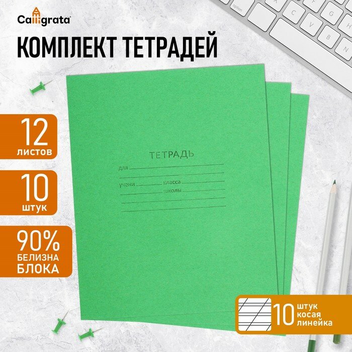 Комплект тетрадей из 10 штук, 12 листов в косую линию КПК Зелёная обложка, 58-63 г/м², блок офсет, белизна 90%