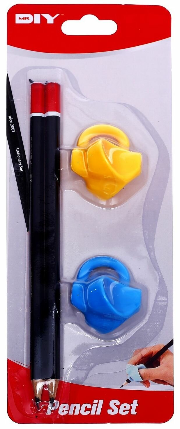 Набор канцелярский для школы, комплект школьника: 2 чернографитных карандаша, 2 насадки-тренажера для исправления техники письма на ручку и карандаш, микс