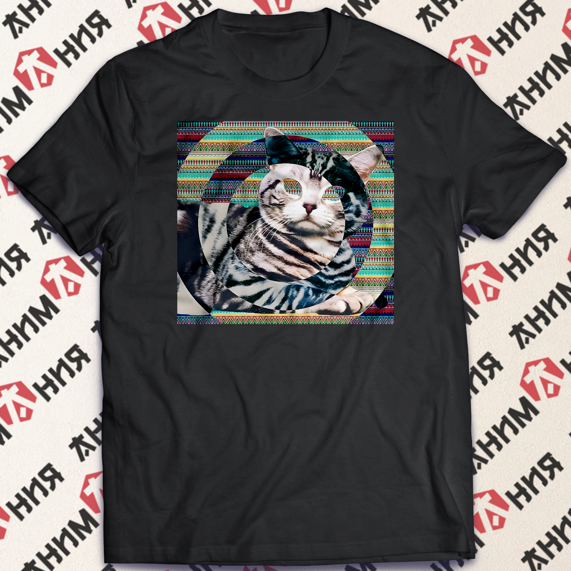 Футболка Футболка с котом, абстрактная, стильная, черная размер 3XS
