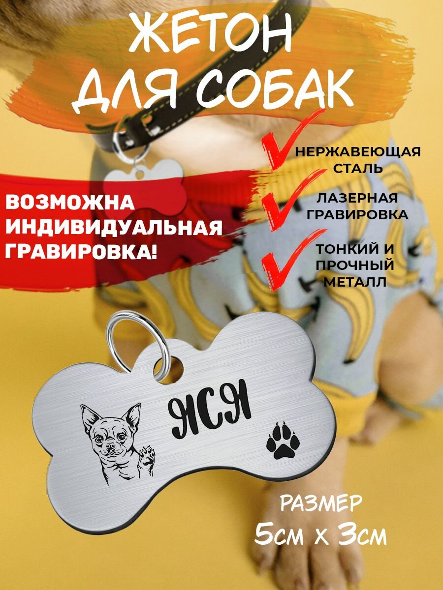 Брелок для собак с гравировкой, нерж. сталь, серебристый, Чихуахуа Яся