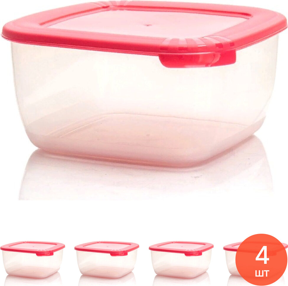 Контейнер для хранения продуктов Полимербыт Лайт полипропилен с крышкой, прозрачный 14.5×14.5×7см объем 0.95л / емкость герметичная для СВЧ (комплект из 4 шт)