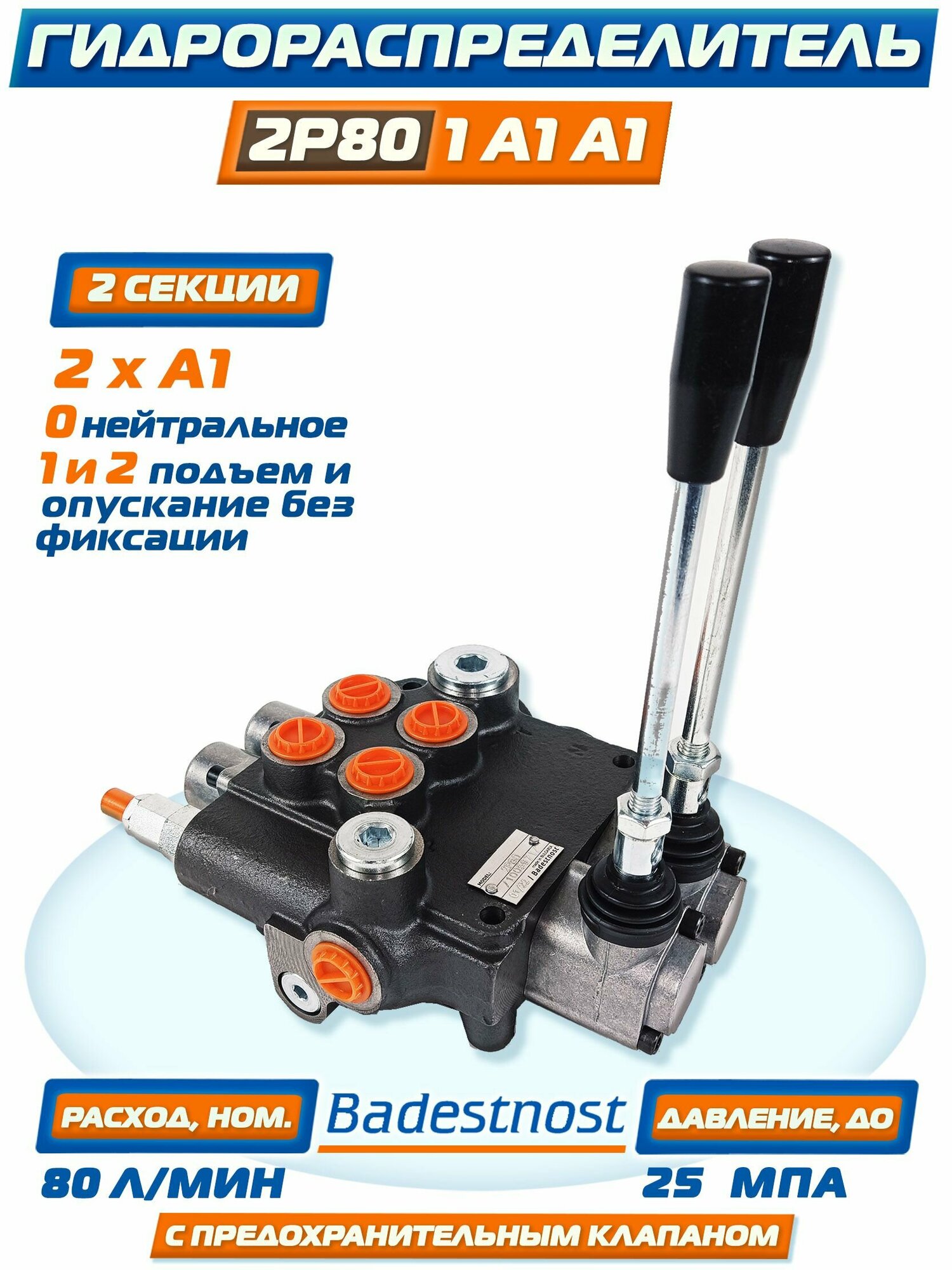 Гидрораспределитель 2P801A1А1 Gkz1, "Badestnost" Болгария, 80 литров в минуту, 2 секции без фиксации.