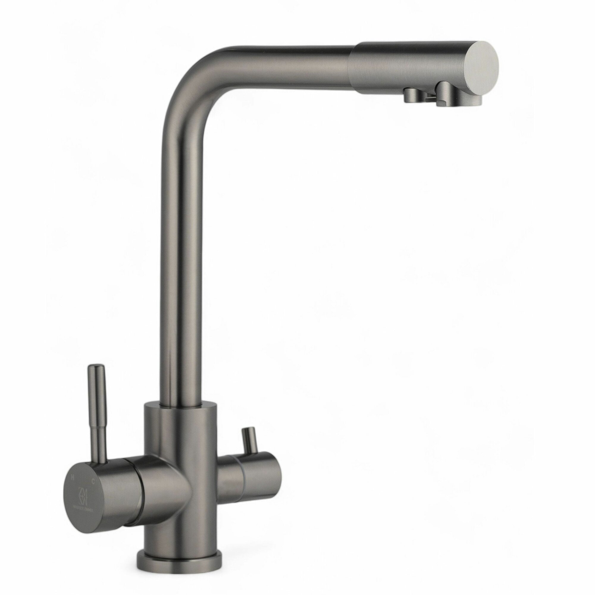 Смеситель для кухни с фильтром для питьевой воды и поворотным Г-образным гусаком, графит