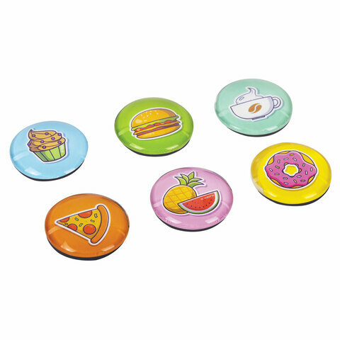Магниты стеклянные 35 мм, набор 6 шт, 3D Street Food, BRAUBERG KIDS, круглые, блистер, 272515