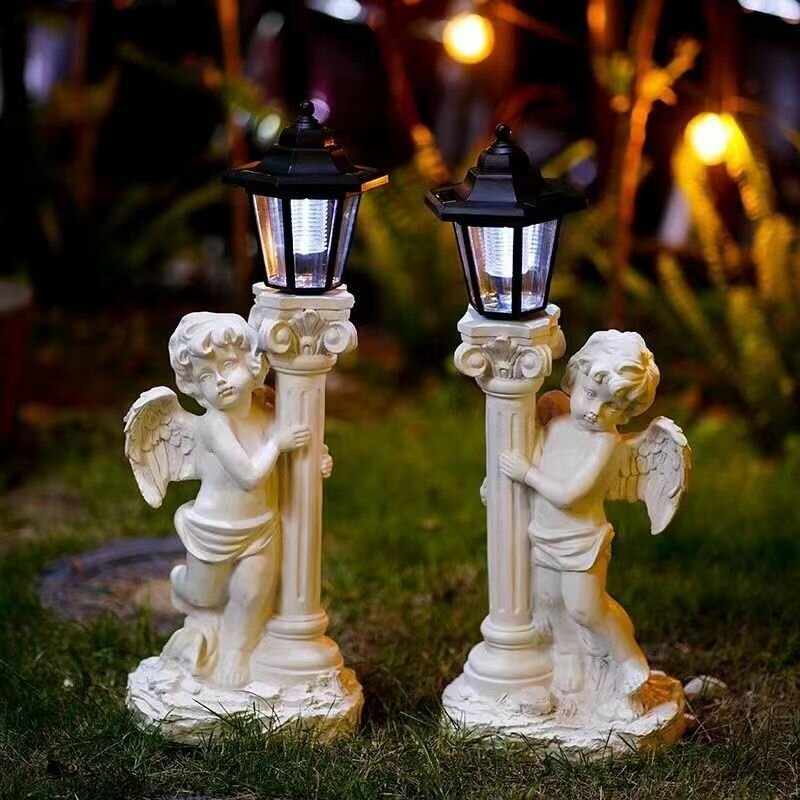 Садовые статуи, пара белых римских ангелов, 2 шт, 50 см x 17 см, с LED-подсветкой, солнечная энергия.