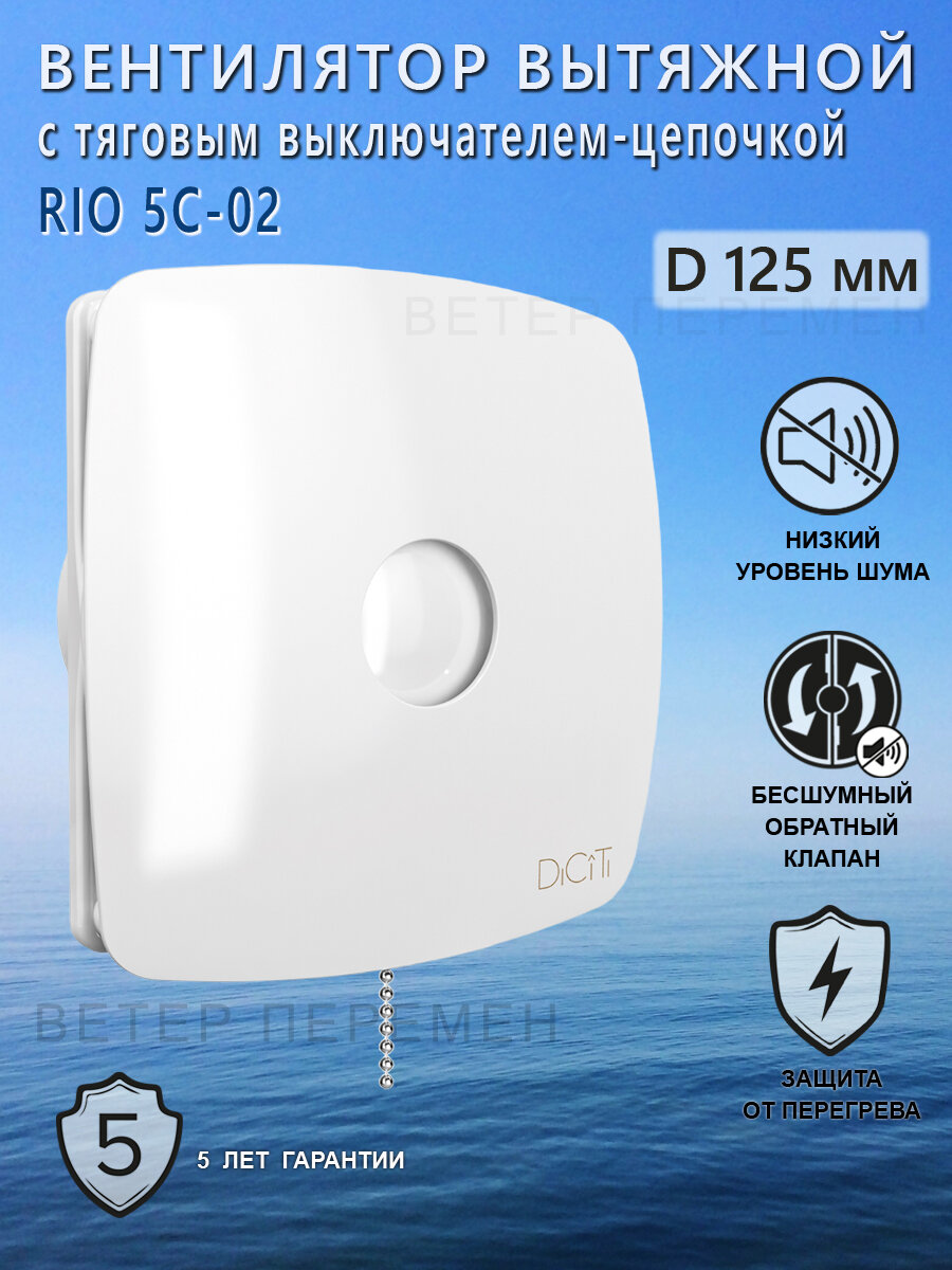 Вентилятор вытяжной осевой DICITI RIO 5C-02, с тяговым выключателем, с обратным клапаном, с двигателем на шарикоподшипниках, D 125 мм, белый глянец