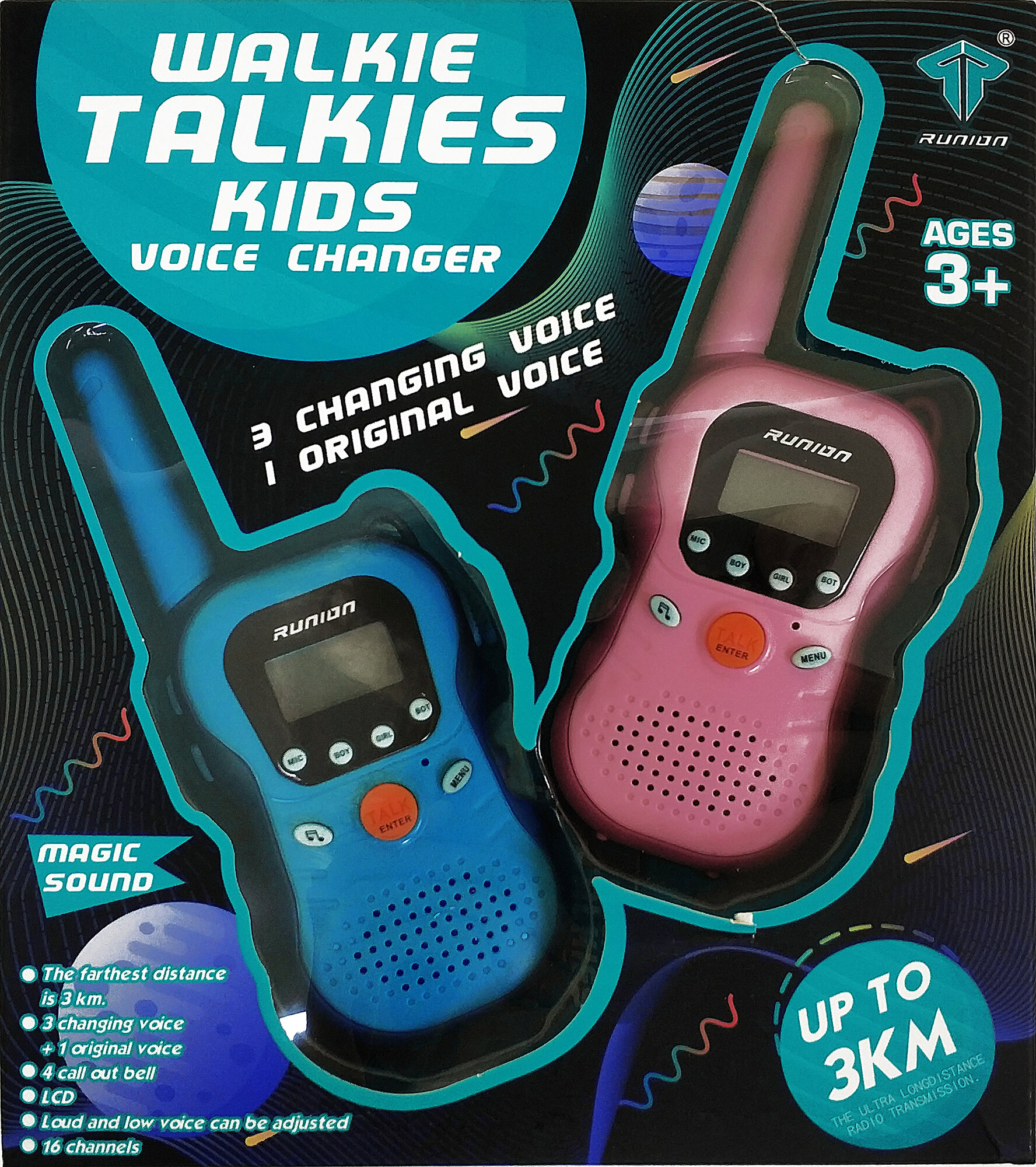 Рация портативная детская RUNION набор 2 штуки, дальность 3 км, питание от 4 х AAA