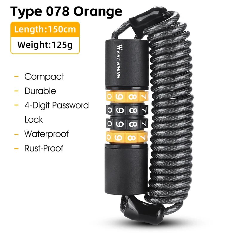 WEST BIKING Портативныйpassword замок для велосипеда Оранжевый, 078 Yellow