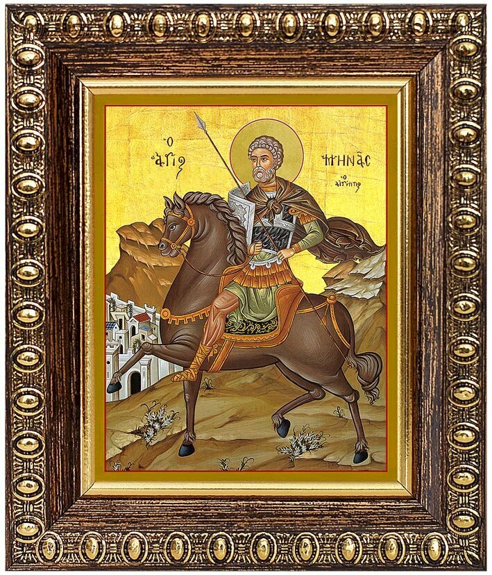 Великомученик Мина Котуанский (Фригийский), икона в темной пластиковой рамке 8,5*10 см