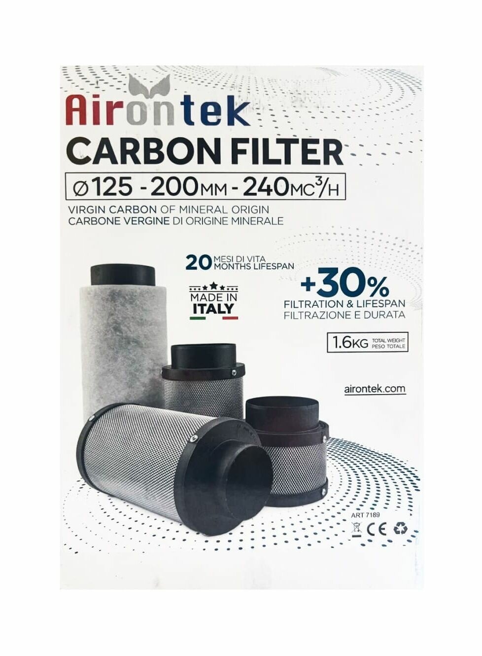 Непроходной угольный фильтр Airontek Carbon Filter Italy d125 240 куб. м./ч.