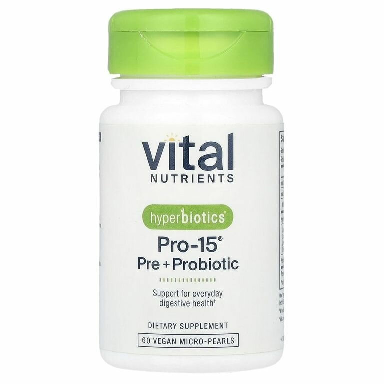 Hyperbiotics (Vital Nutrients), Pre + Probiotic PRO-15, пребиотики и пробиотики, 60 веганских микрогранул