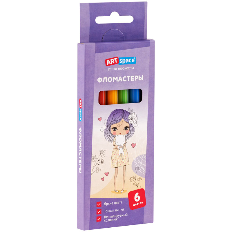 Фломастеры ArtSpace "Модницы", 6 цветов, смываемые, картон, европодвес