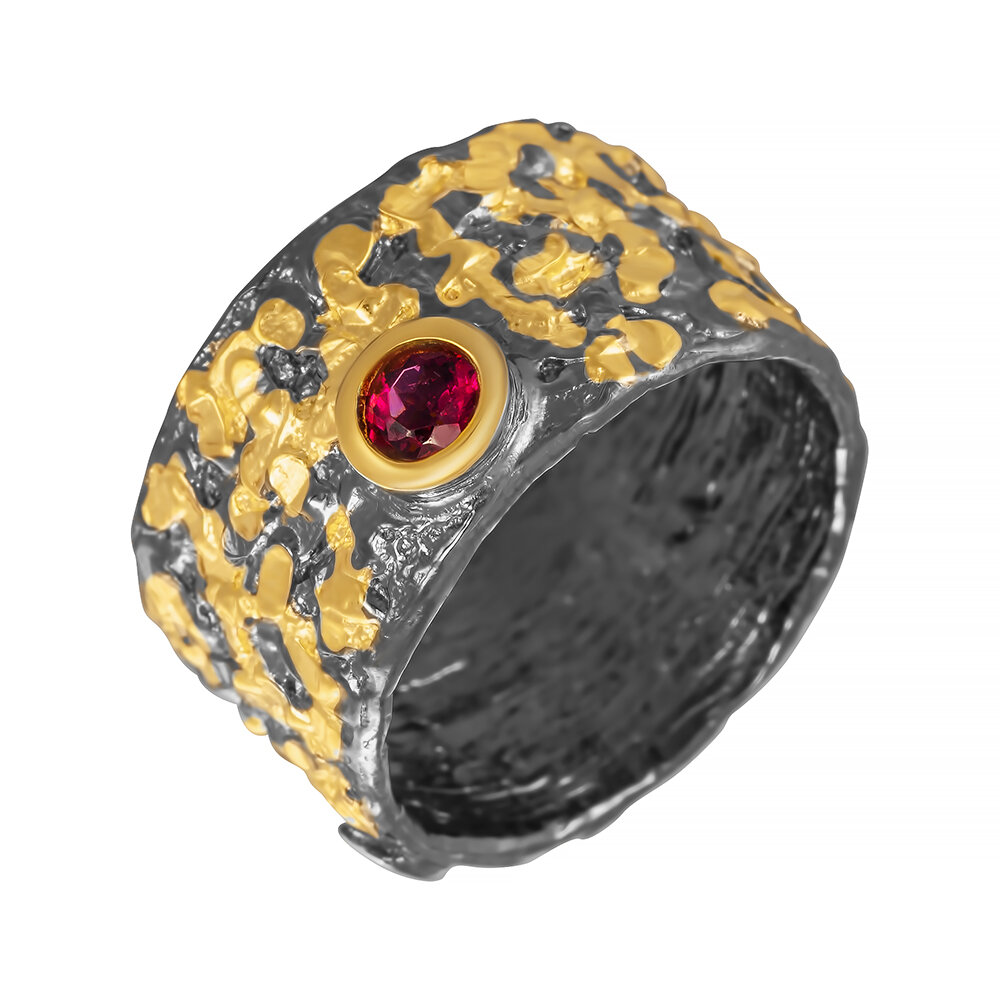 Кольцо широкое, серебро, 925 проба, чернение, золочение, родирование, родолит