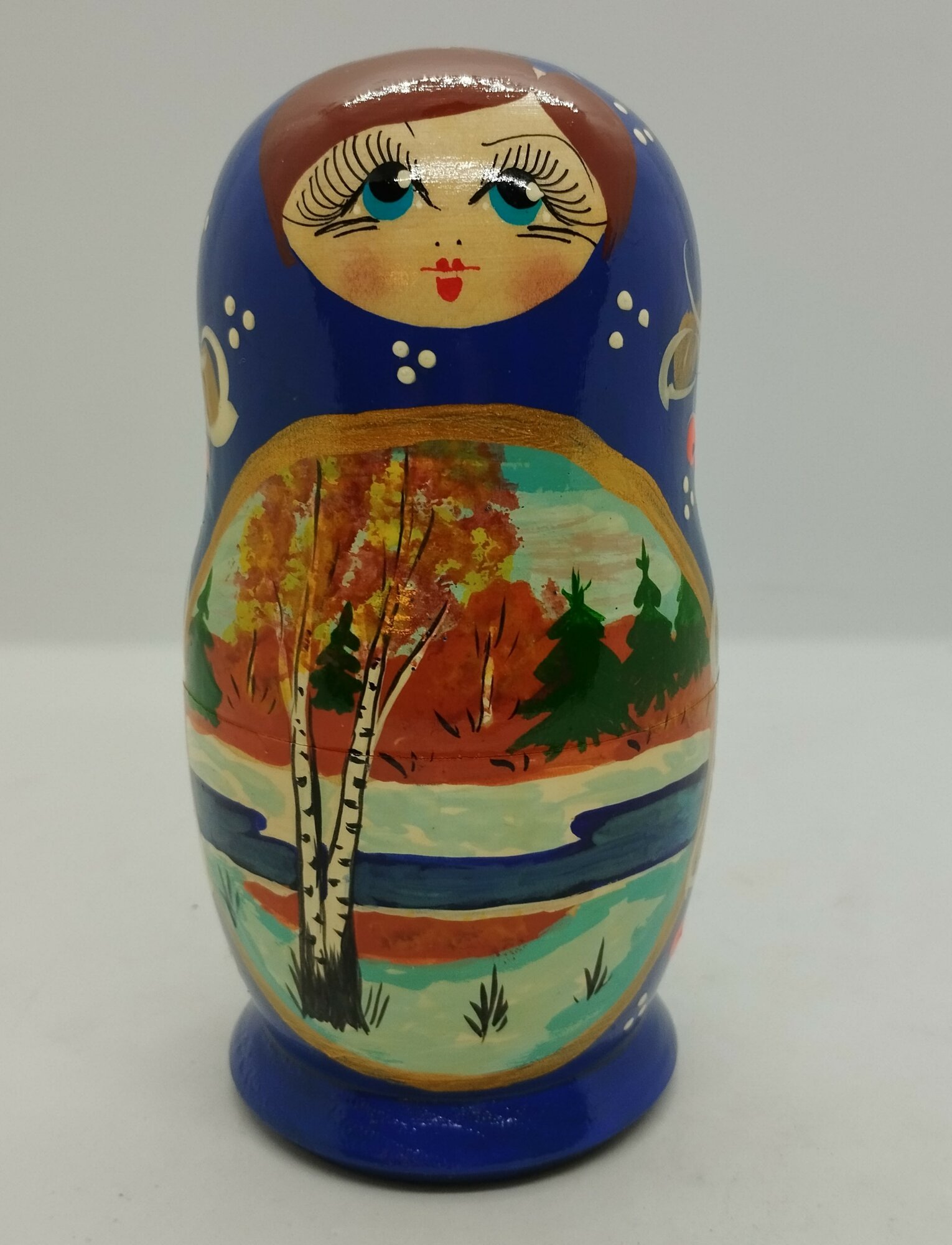 Матрешка 5-местная, авторская художественная роспись, липа, 13,5 см, березы, синяя