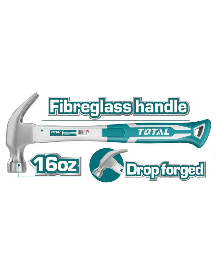 Молоток-гвоздодер, вес:450г, длина: 345мм, функция магнитного ногтя TOTAL