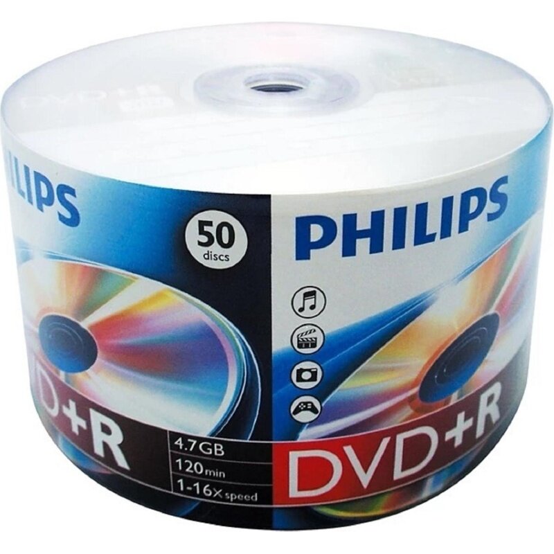 Носители информации DVD+R Philips 4.7 Gb, Скорость записи 16x, Bulk 50 шт (DR4S6U50F/97)