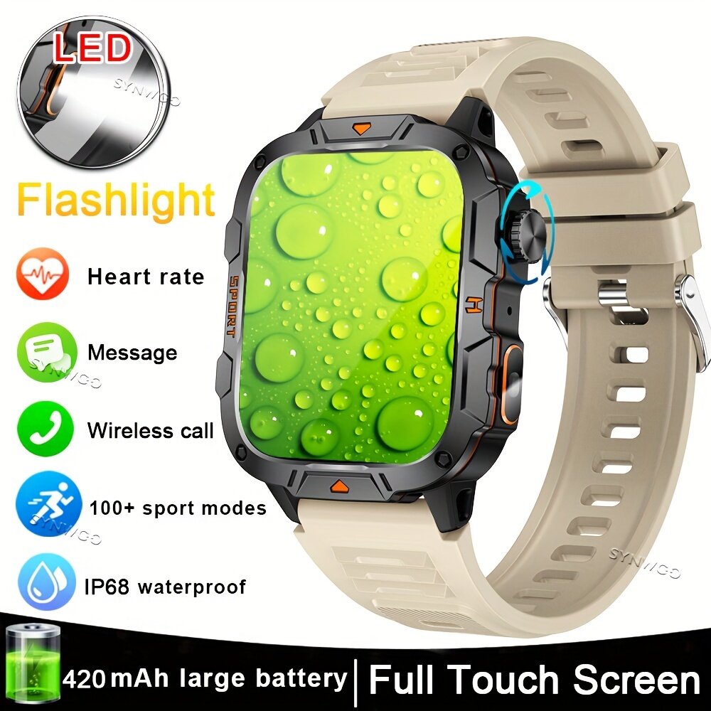 SYNWOO Sports Smartwatch for Men, 1.96" HD Digital Display, 420mAh Battery, 100+ Sports Modes, LED Flashlight, AI Voice Assistant, Calorie Counter, Weather Updates, Pedometer, Alloy Band, USB Charging, Smart Clock Compatible with iPhone & Android