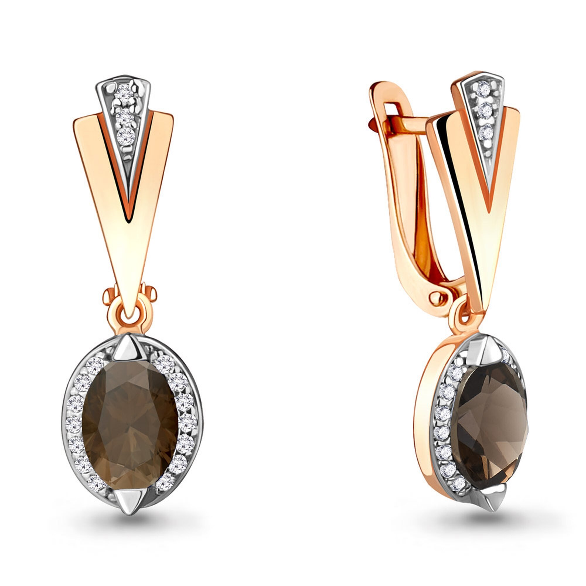 Серьги, серебро, 925 проба, золочение, кварц, фианит