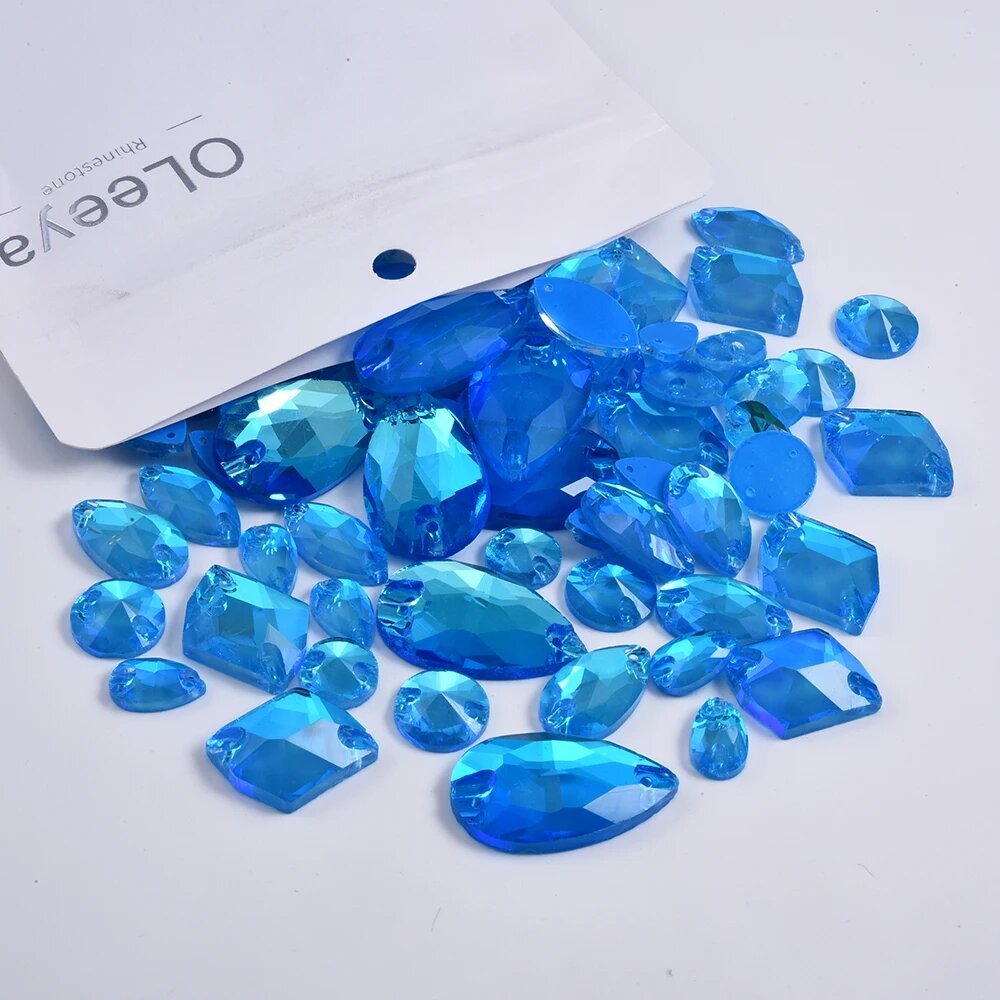 Стразы стеклянные синие blueAB neon, mix shape 100шт