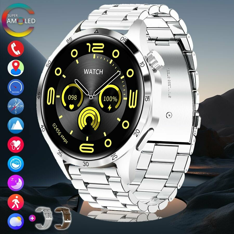 Стильные смарт часы мужские Limited Edition 2025, Series 4 Pro Max, 3 ремешка, 47mm, черный, NFC, с функцией вызова по Bluetooth