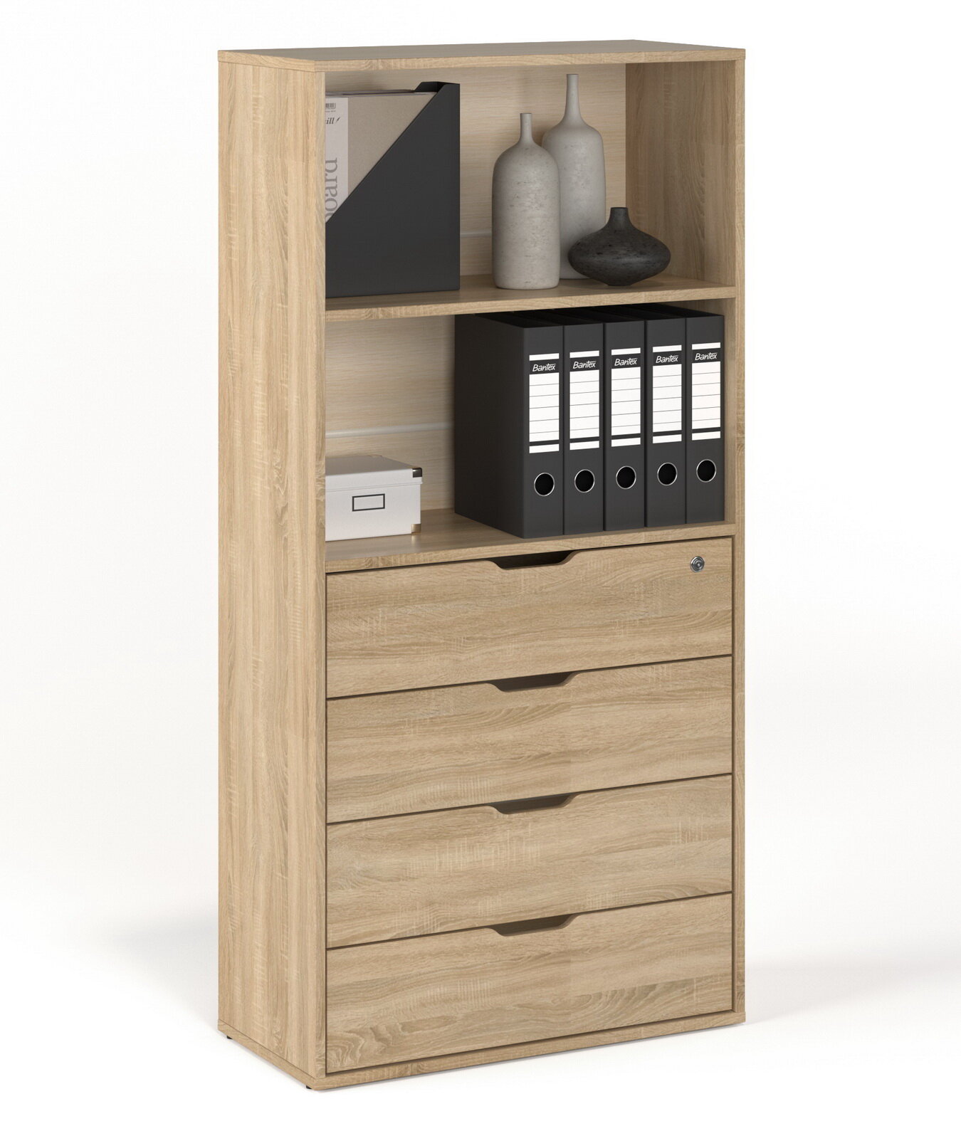 Стеллаж БАНГА-34 Дуб Сонома, с ящиками и открытой полкой, (ВхШхГ) 142,6х69,8х32,6 см, ЛДСП