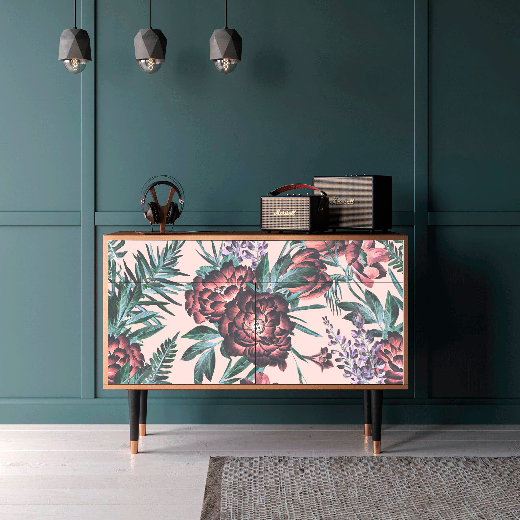 Комод - STORYZ - BS4 Peach Peonies, Размер - 115 x 85 x 48 см, Цвет корпуса - Орех