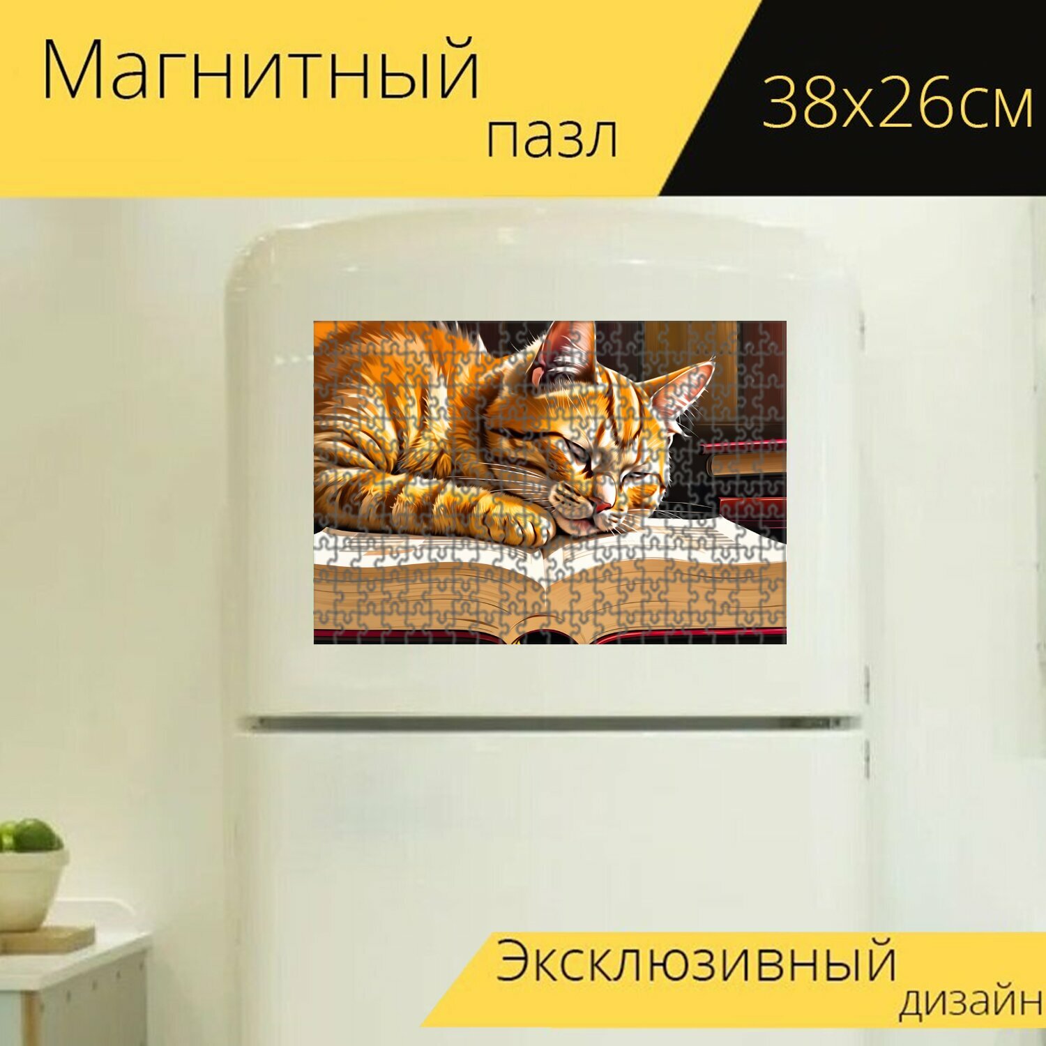 Магнитный пазл "Стиль иллюстрация, акриловая живопись, Изображение уютного рыжего кота, спящего на открытой книге. Мягкие и теплые тона, рассеянный свет." для интерьера, 38х26 см.