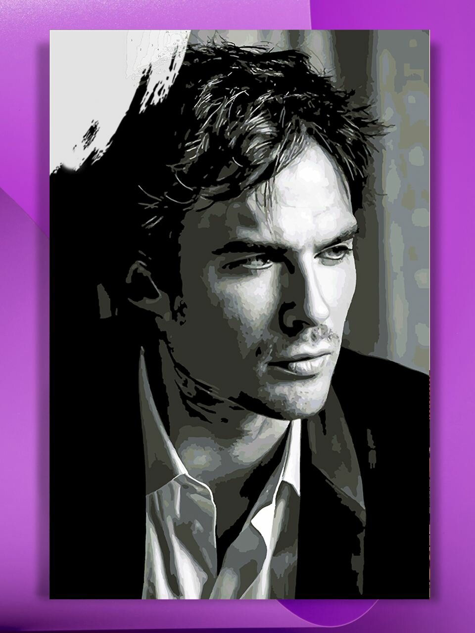 Картина по номерам на холсте Дневники вампира - Деймон Сальваторе ЧБ, 40 х 60 см