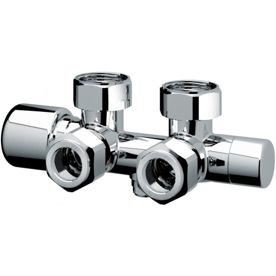 Узел подключения Far M24х19 - 3/4"ВР Н-образный угловой с термостатическим и запорным клапанами, серебристый