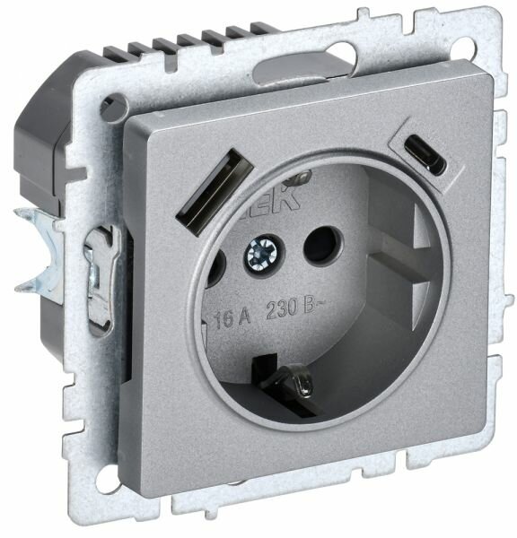 2 шт. IEK BRITE Роз. с з/к/ш 16А с USB A+C 18Вт РЮш11-1-БрА алюминий