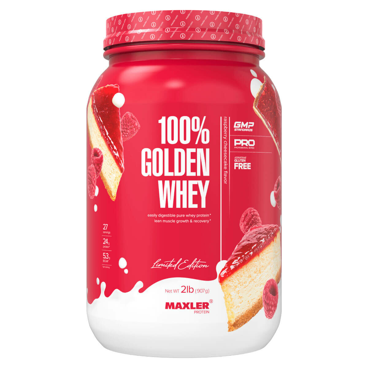 Протеин многокомпонентный 100% Golden Whey, вкус Малиновый чизкейк, 907 г, MAXLER