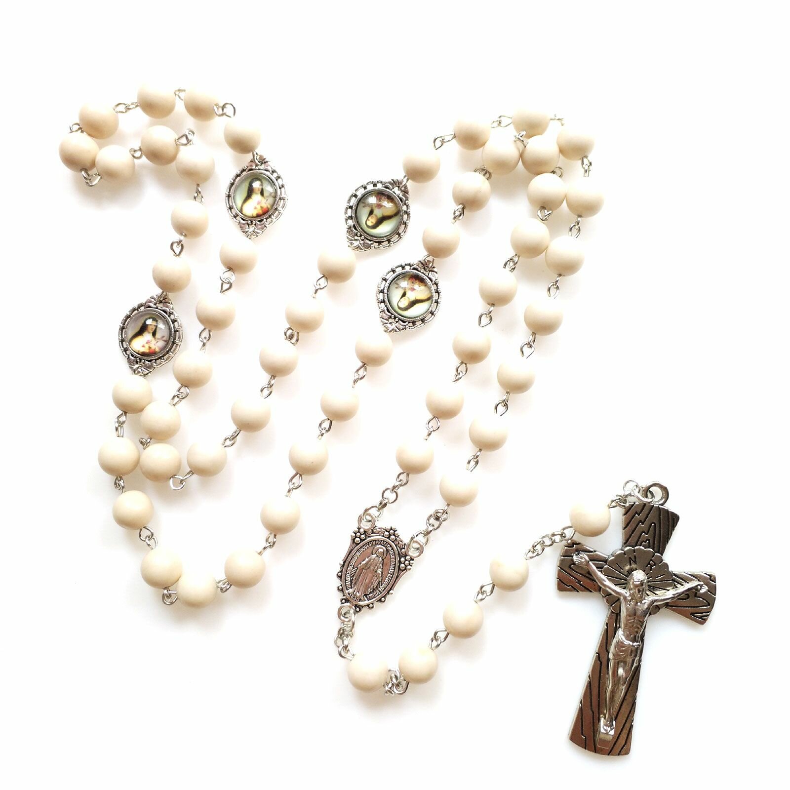 1 нитка бус из белого камня, подвеска в виде креста, четки